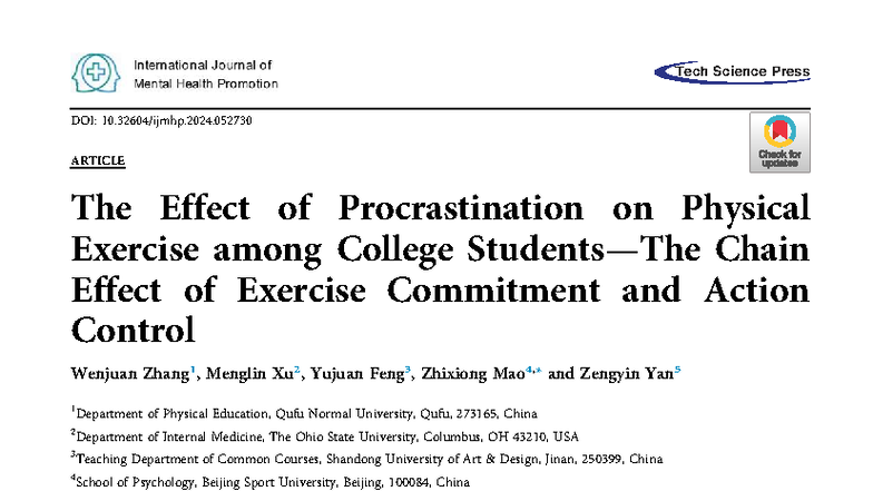 IJMHP 2024: Procrastination's Impact on College Exercise Behavior - Studocu