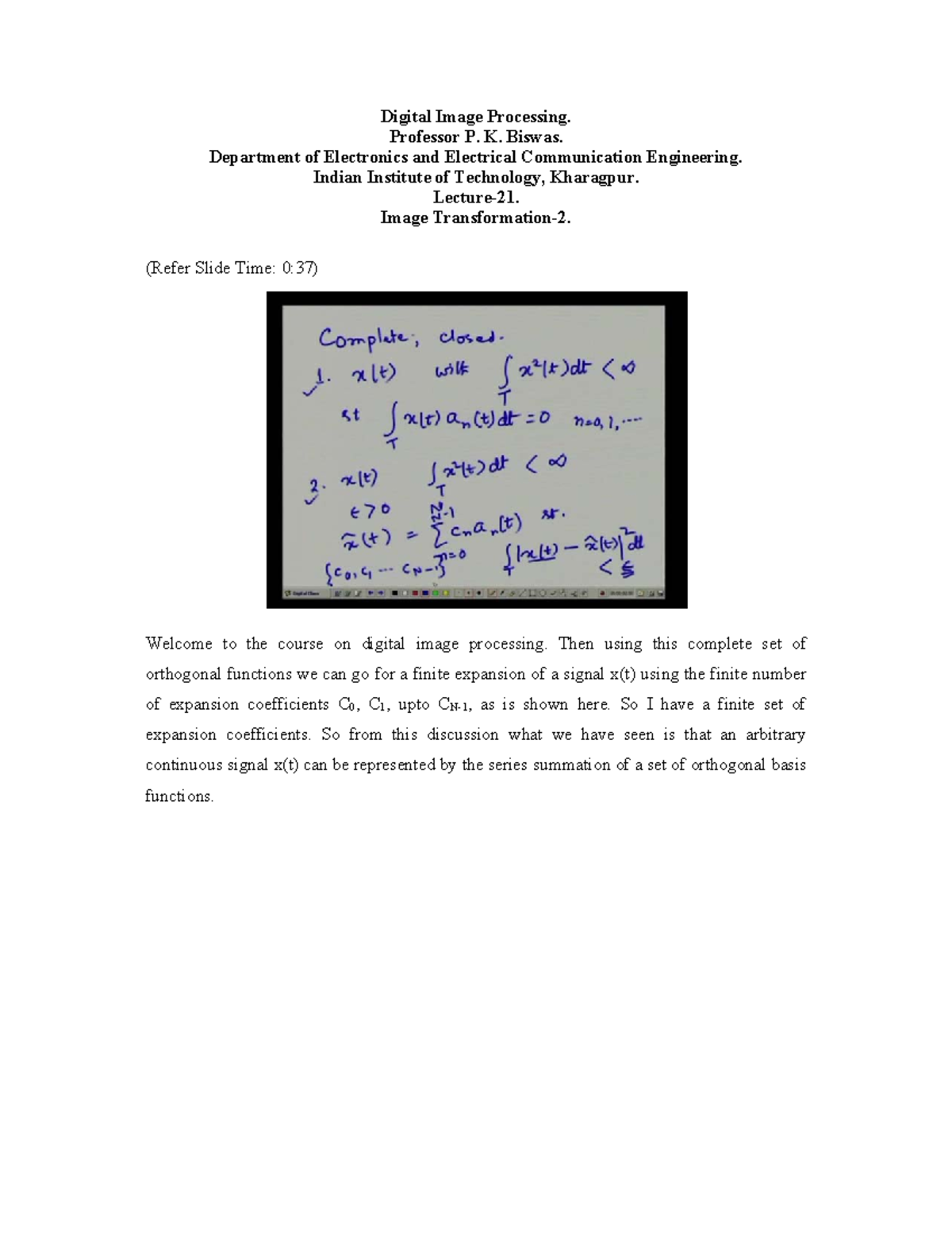 Lec21 - Digital Image Processing: Image Transformation Techniques - Studocu