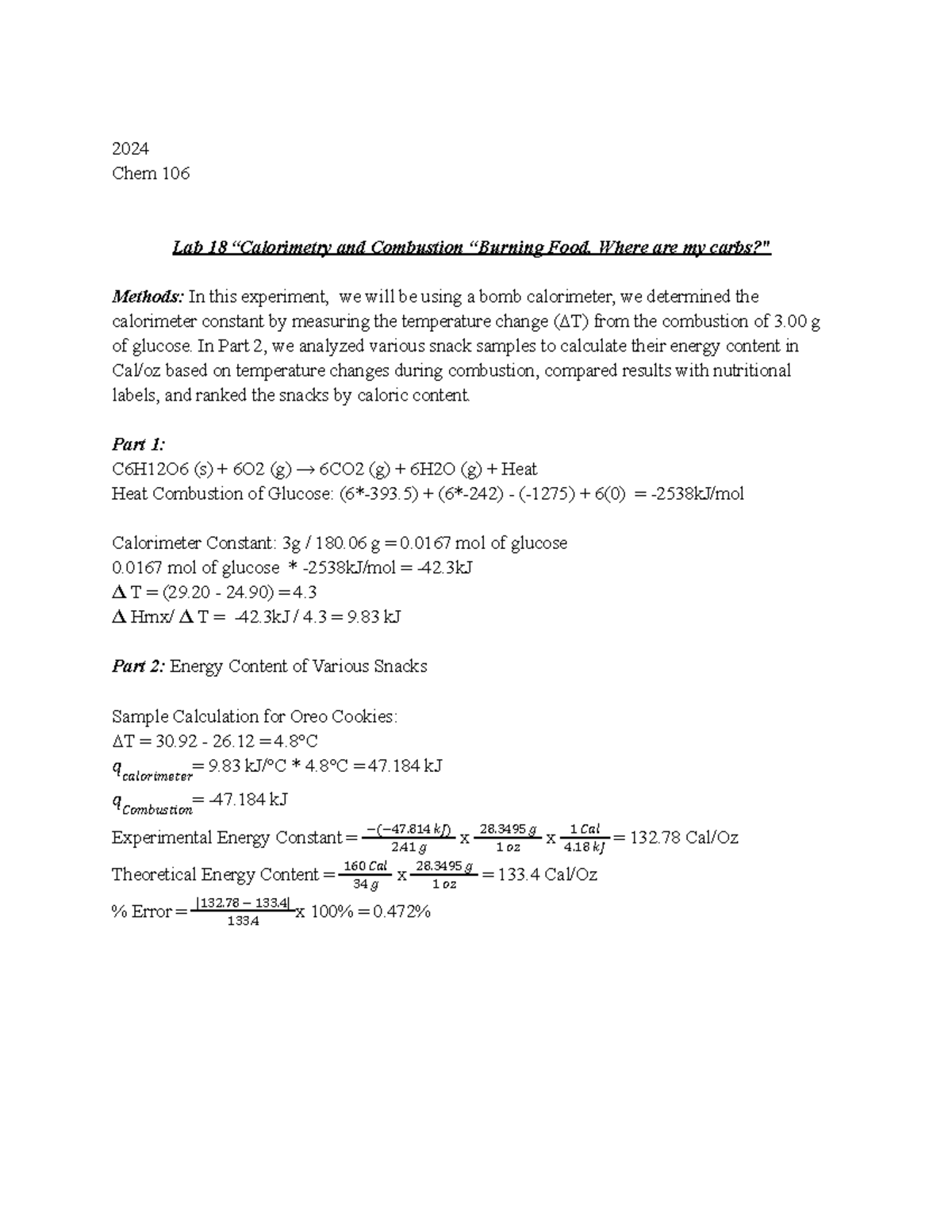 Chem 106 Lab 18: Calorimetry & Combustion of Food Energy Content - Studocu