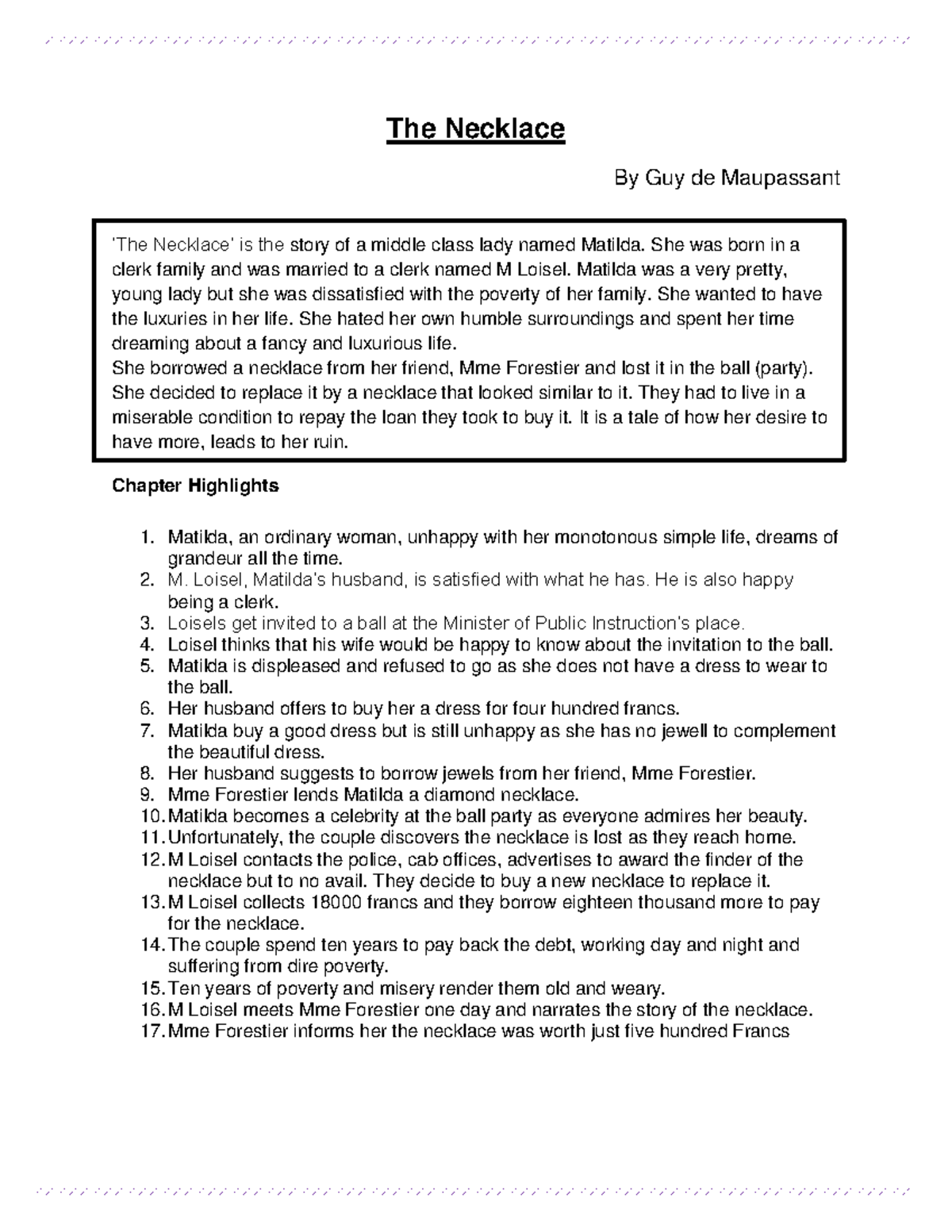 The Necklace Notes: Question Answers & Analysis - English Literature ...