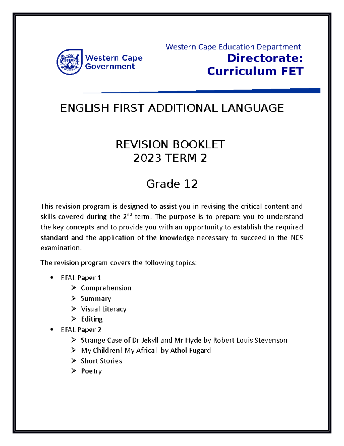 EFAL Grade 12 Term 2 Final Revision Booklet 2023 - Studocu