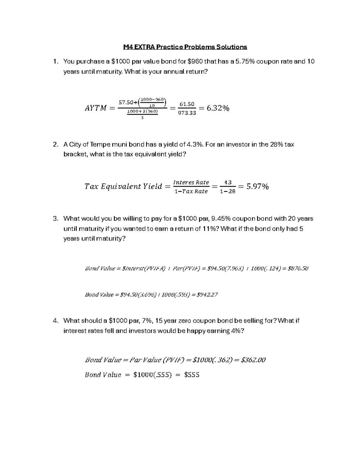 M4 Extra Practice Problems Solutions: Bond Valuation & Yields - Studocu