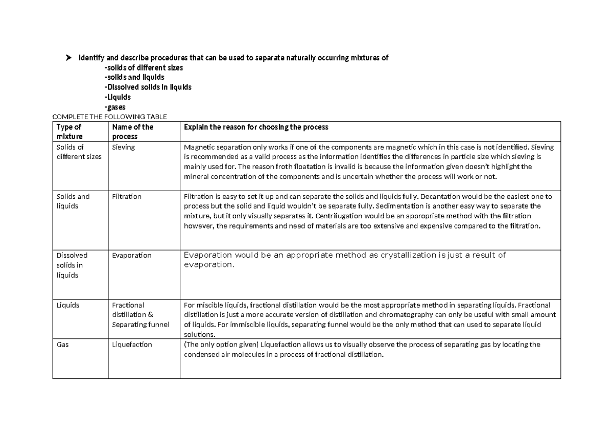 03. Separation Techniques Worksheet: Methods for Mixtures - Studocu