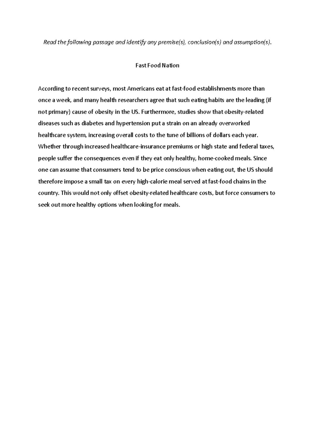 Fast Food Nation: Analyzing Premises, Conclusions, and Assumptions ...
