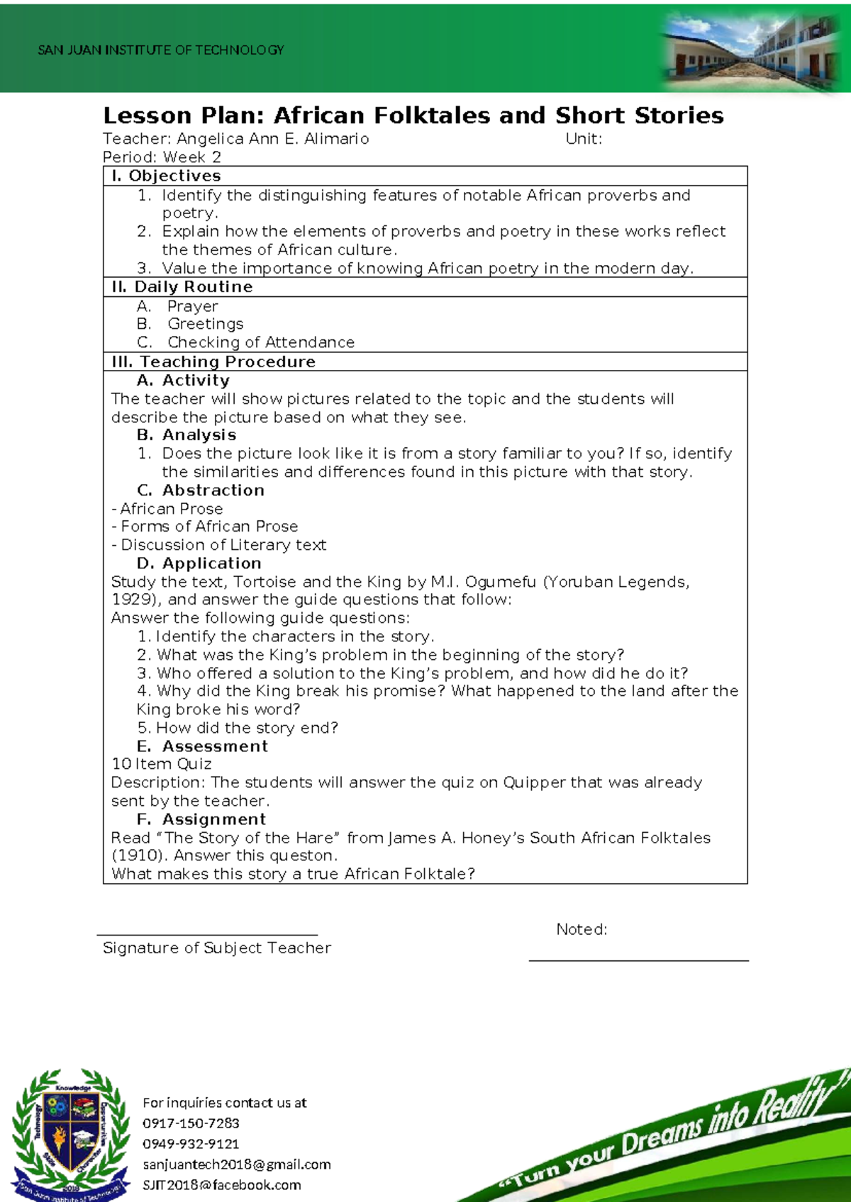 SAN JUAN INSTITUTE OF TECHNOLOGY Lesson Plan: African Folktales ...