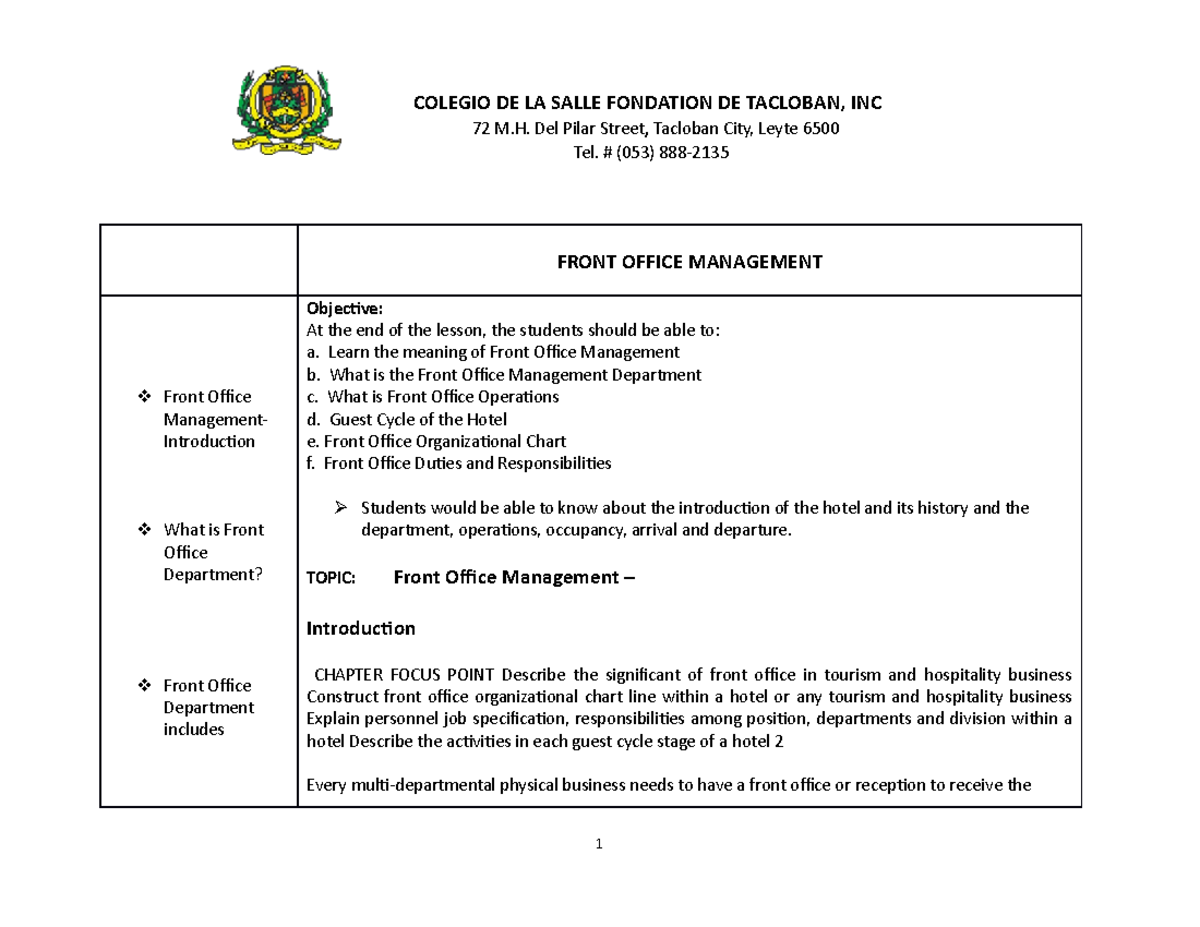 Front Office Management - Introduction to Operations and Roles - Studocu