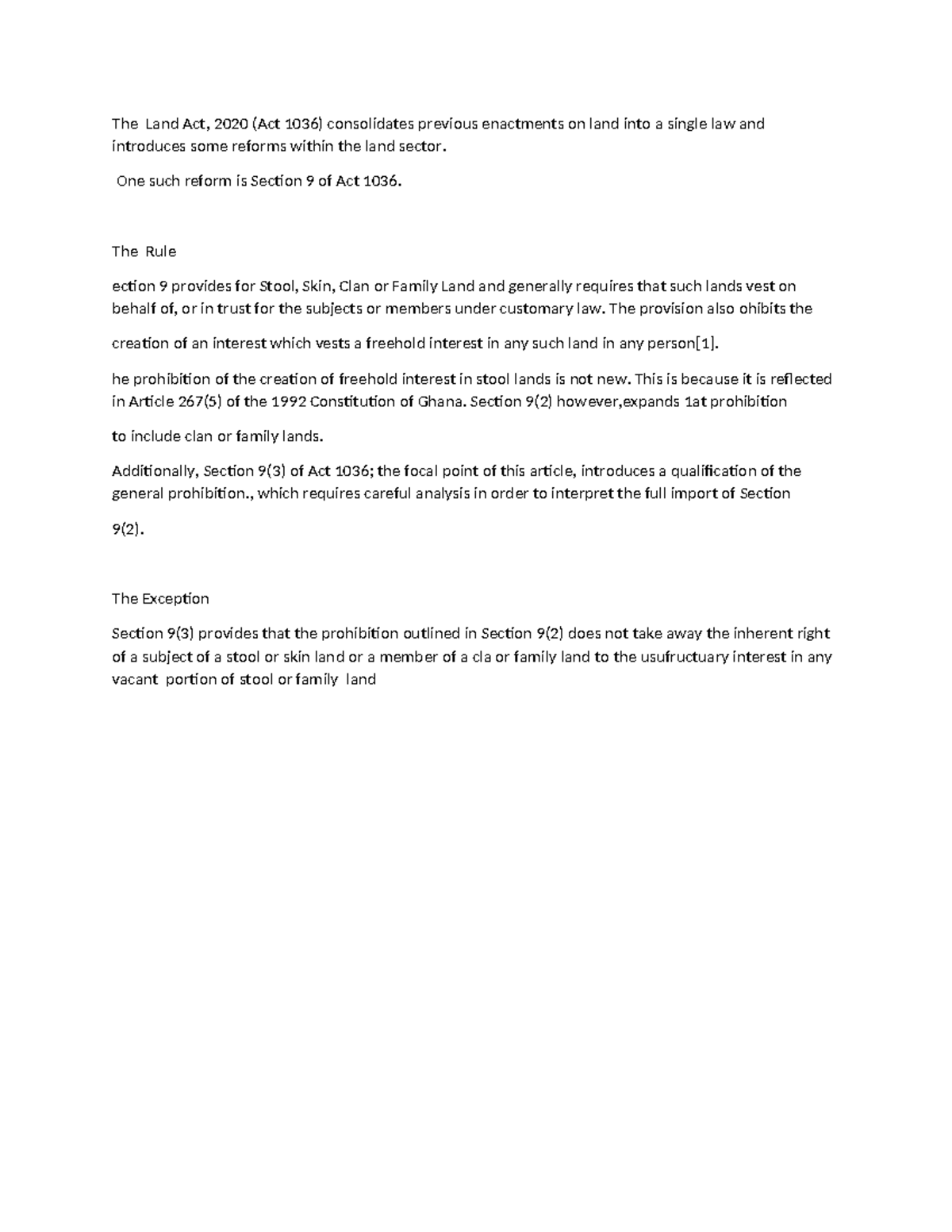 Land Act 2020 (Act 1036): Analysis of Section 9 Provisions - Studocu