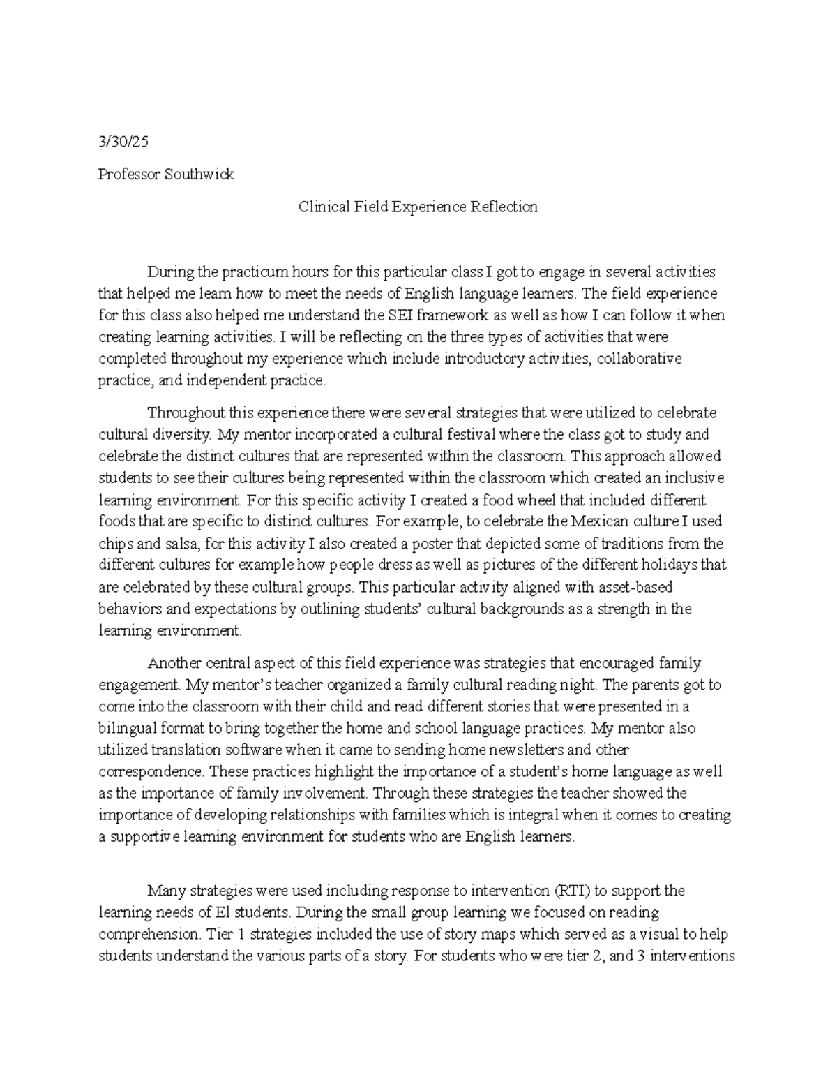 Reflection for ES: 440 - 3/30/ Professor Southwick Clinical Field ...