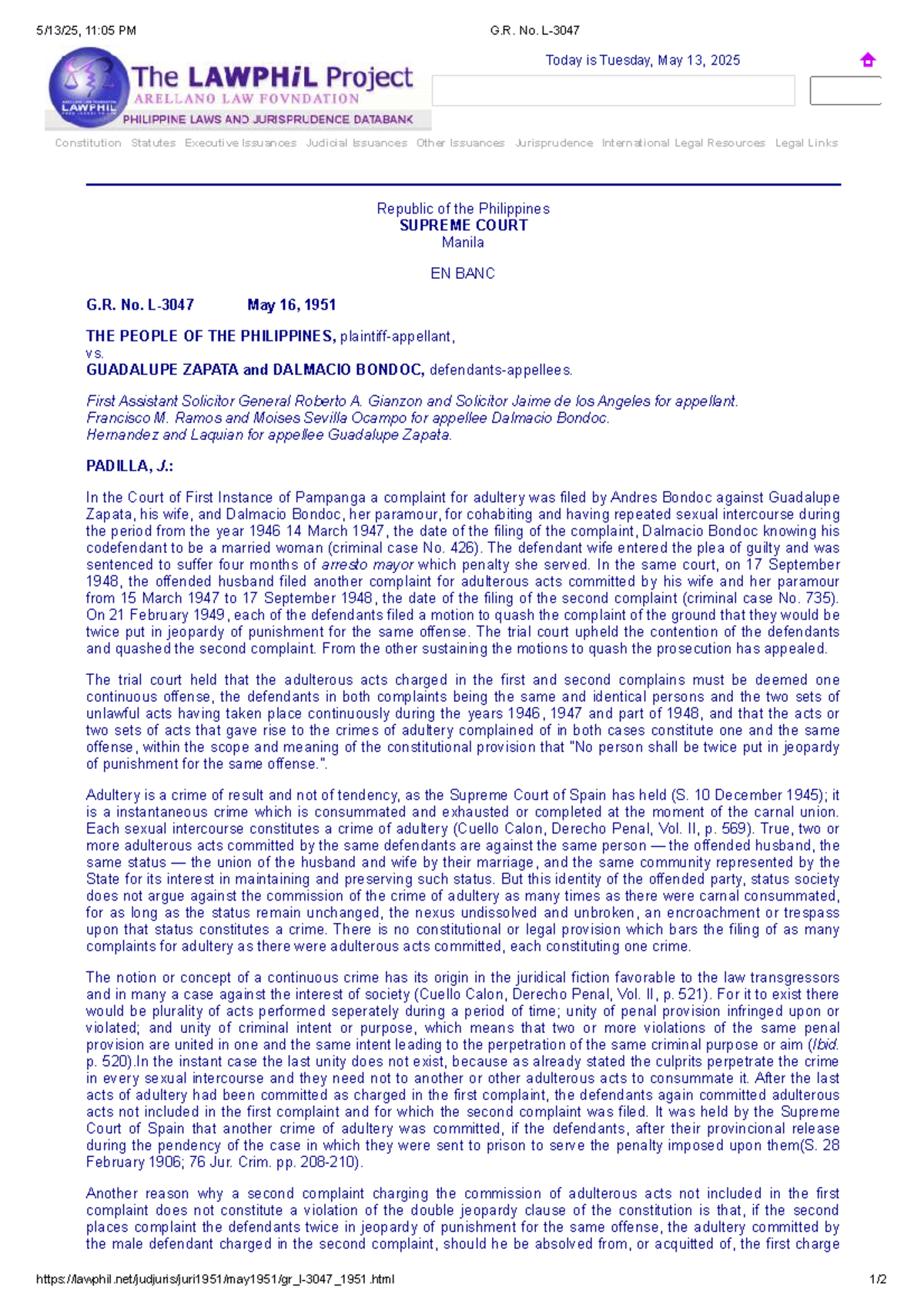 People v. Zapata: Adultery Case Analysis (G.R. No. L-3047, 1951) - Studocu