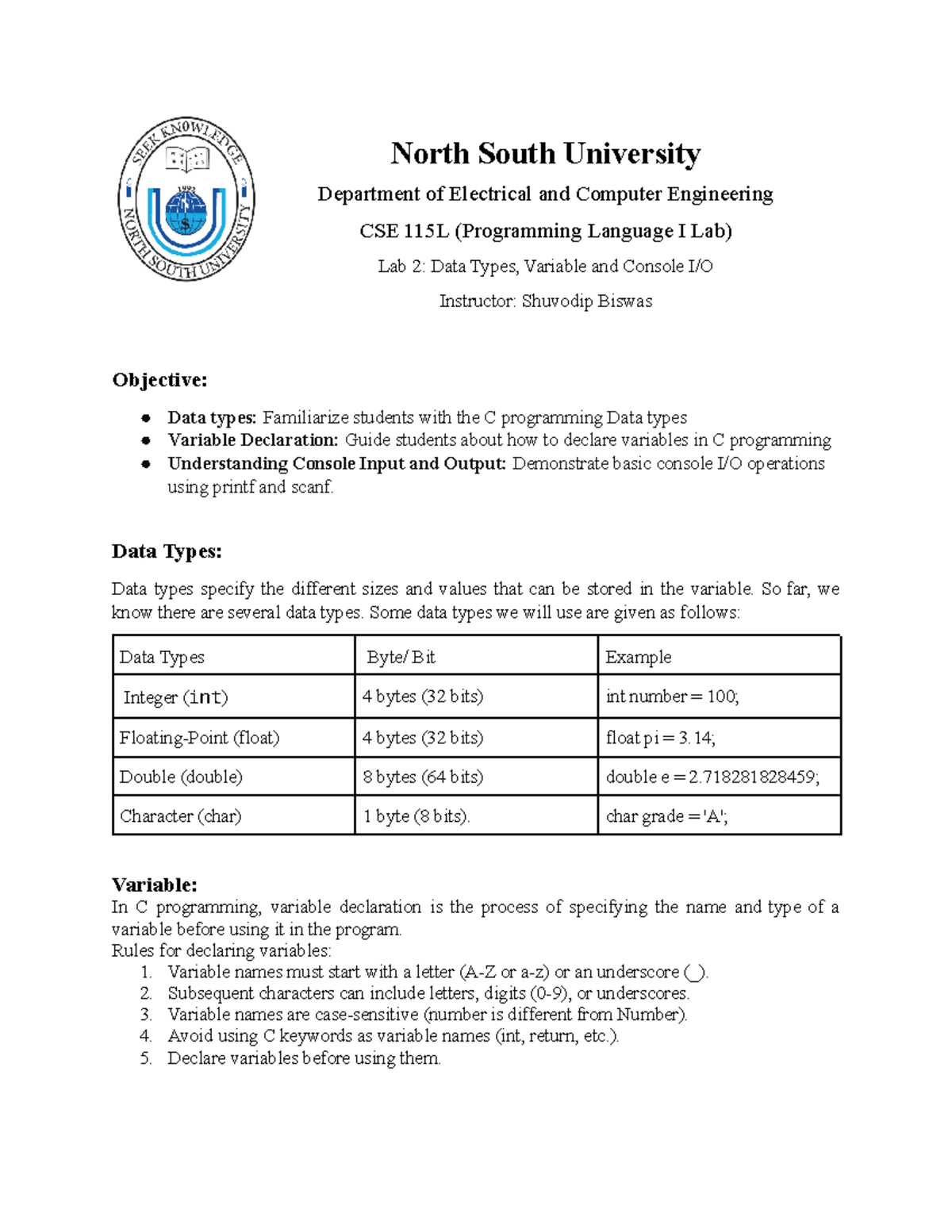 CSE 115L Lab 2: Data Types, Variables & Console I/O in C Programming ...