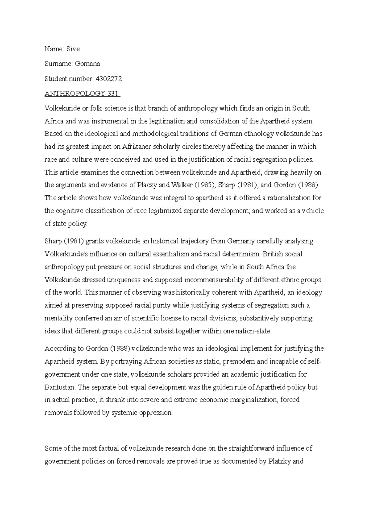 ANTHROPOLOGY 331 Essay: Volkekunde's Role in Apartheid Justification ...