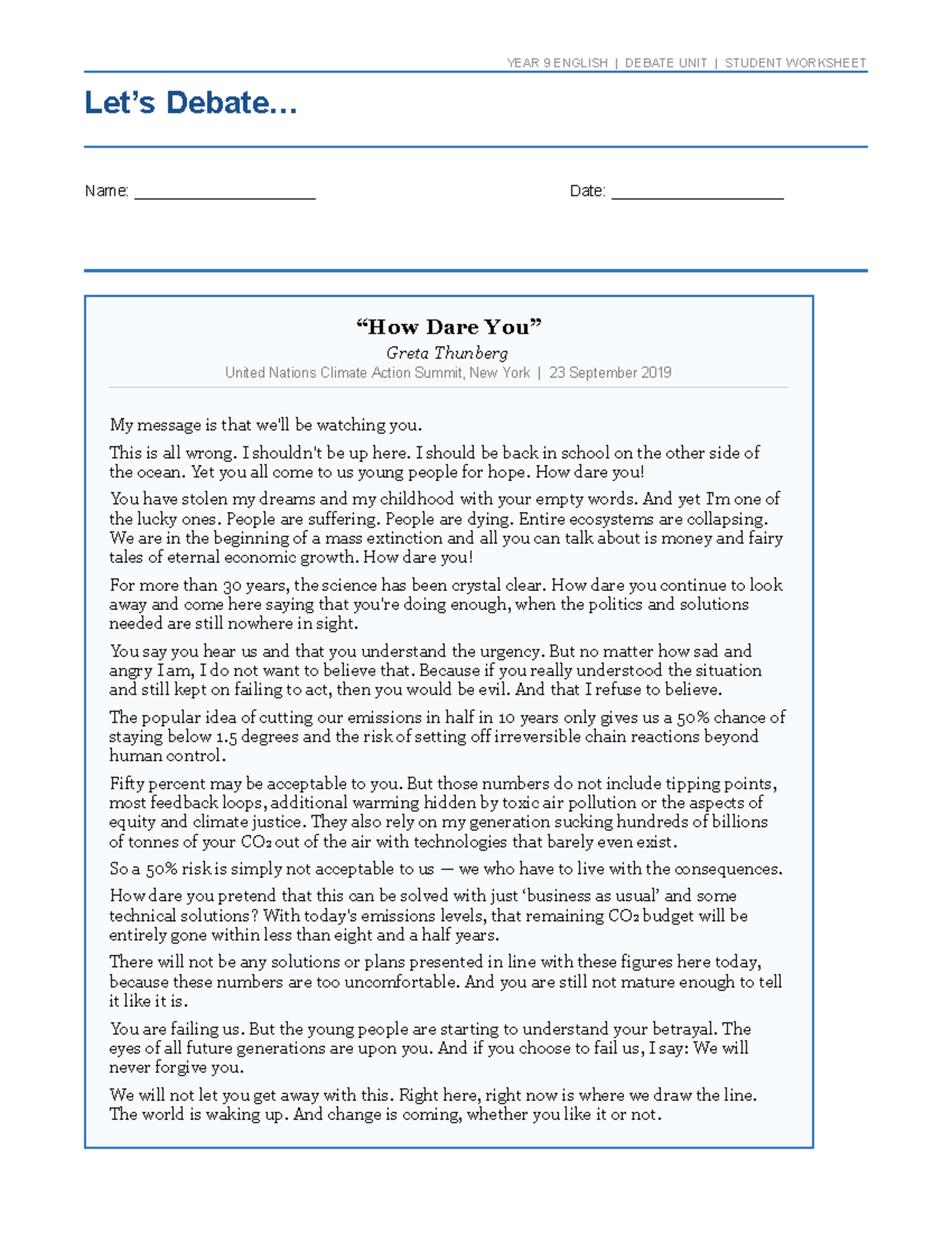 YEAR 9 ENGLISH DEBATE UNIT: Greta Thunberg's Speech Analysis Worksheet ...