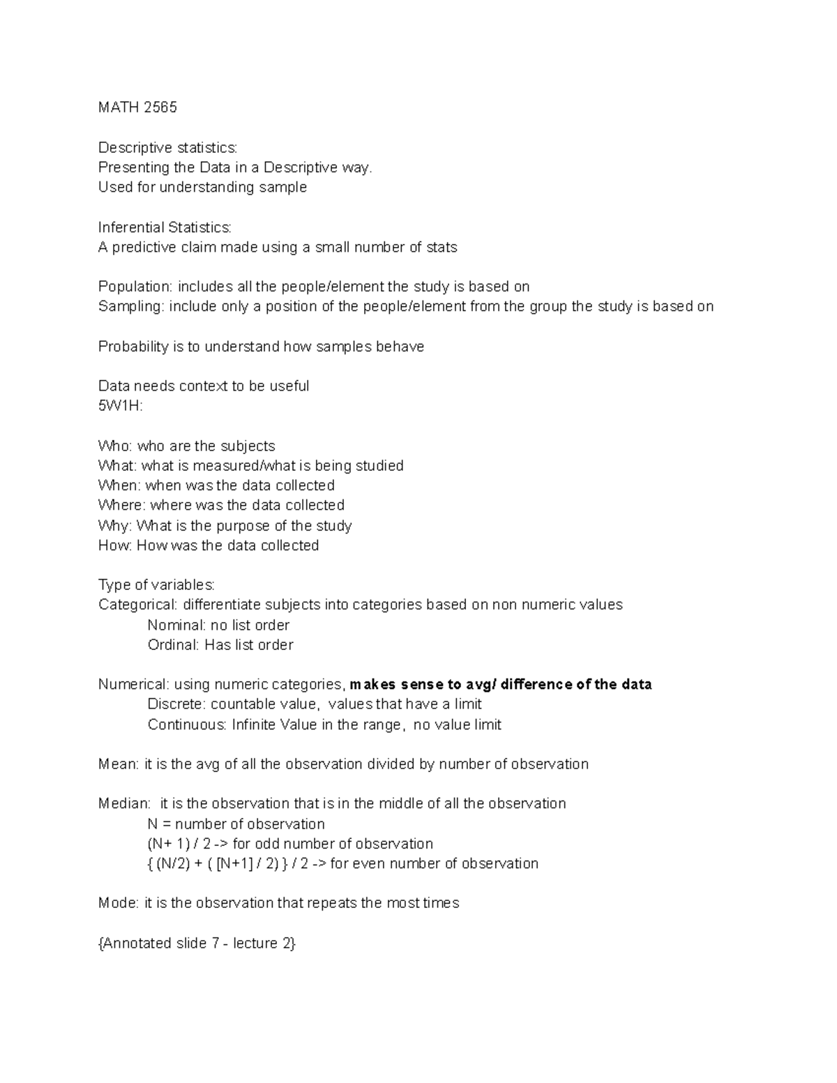MATH Lecture 1-3 Notes: Descriptive Statistics Overview - Studocu