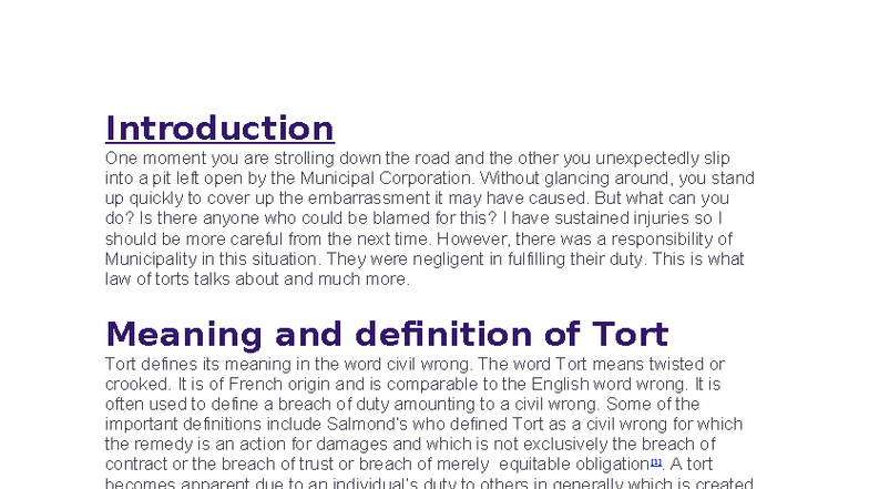 Law of Torts: Understanding Civil Wrongs and Responsibilities - Studocu
