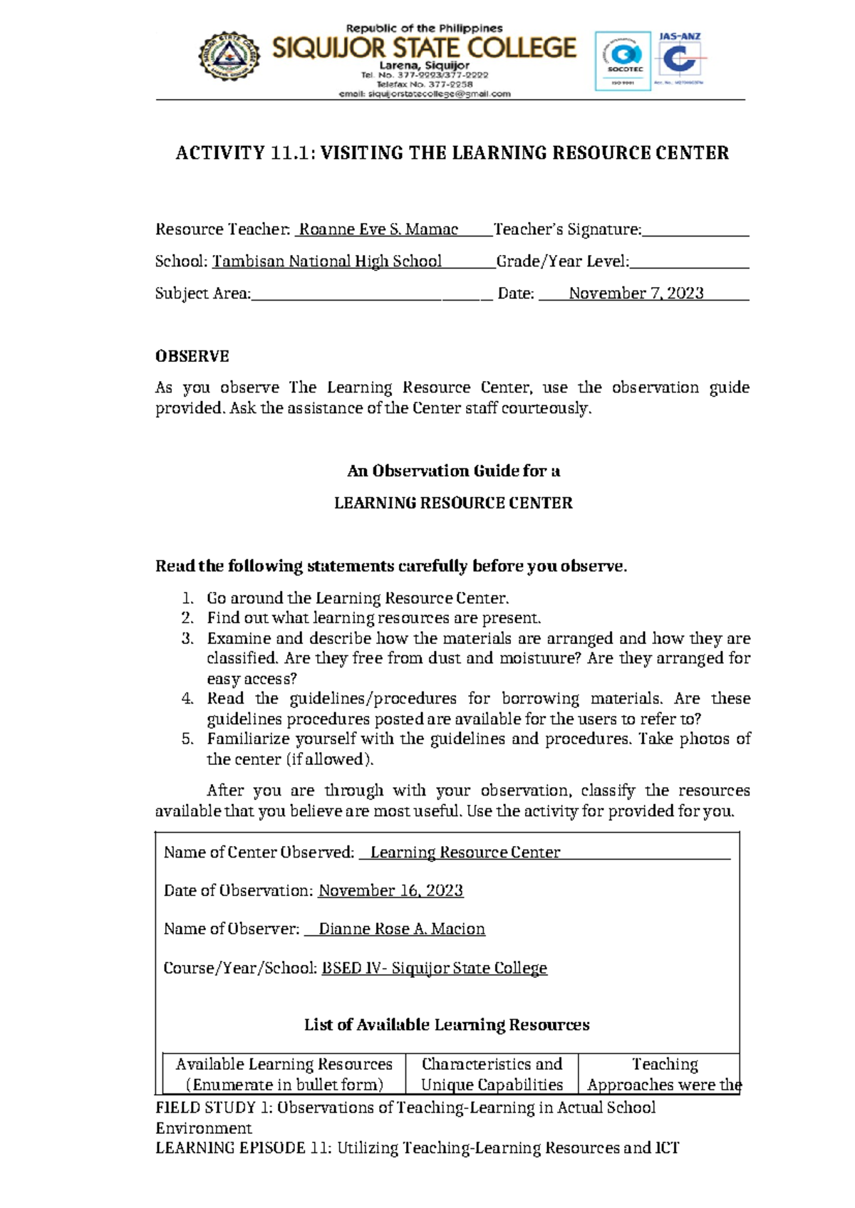 FS 1 Learning Episode 11: Observations of Learning Resource Center ...