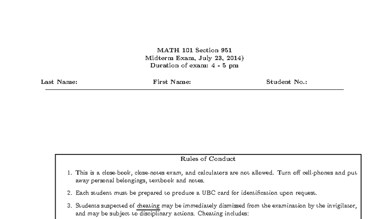 MATH 101 Section 951 Midterm Exam Solutions - July 2014 - Studocu