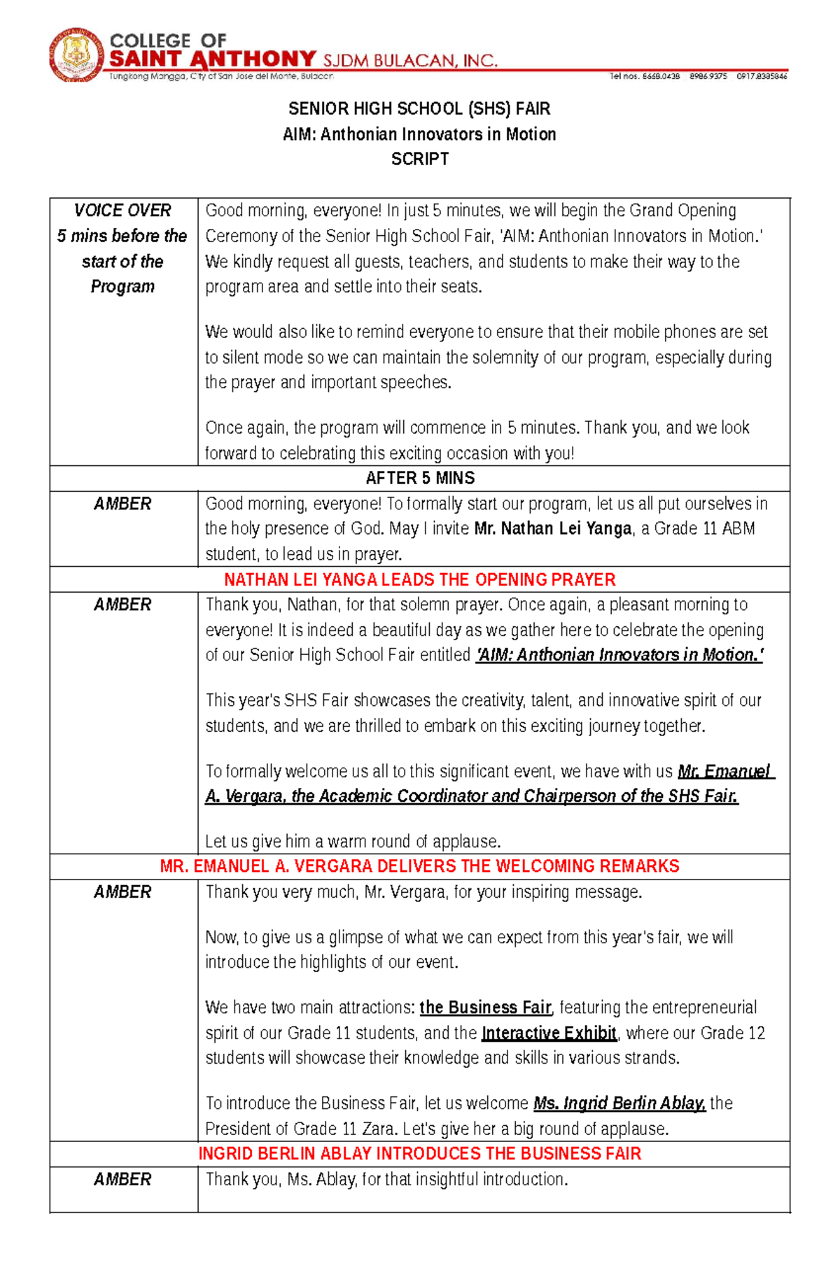 SENIOR HIGH SCHOOL FAIR SCRIPT: Anthonian Innovators in Motion - Studocu