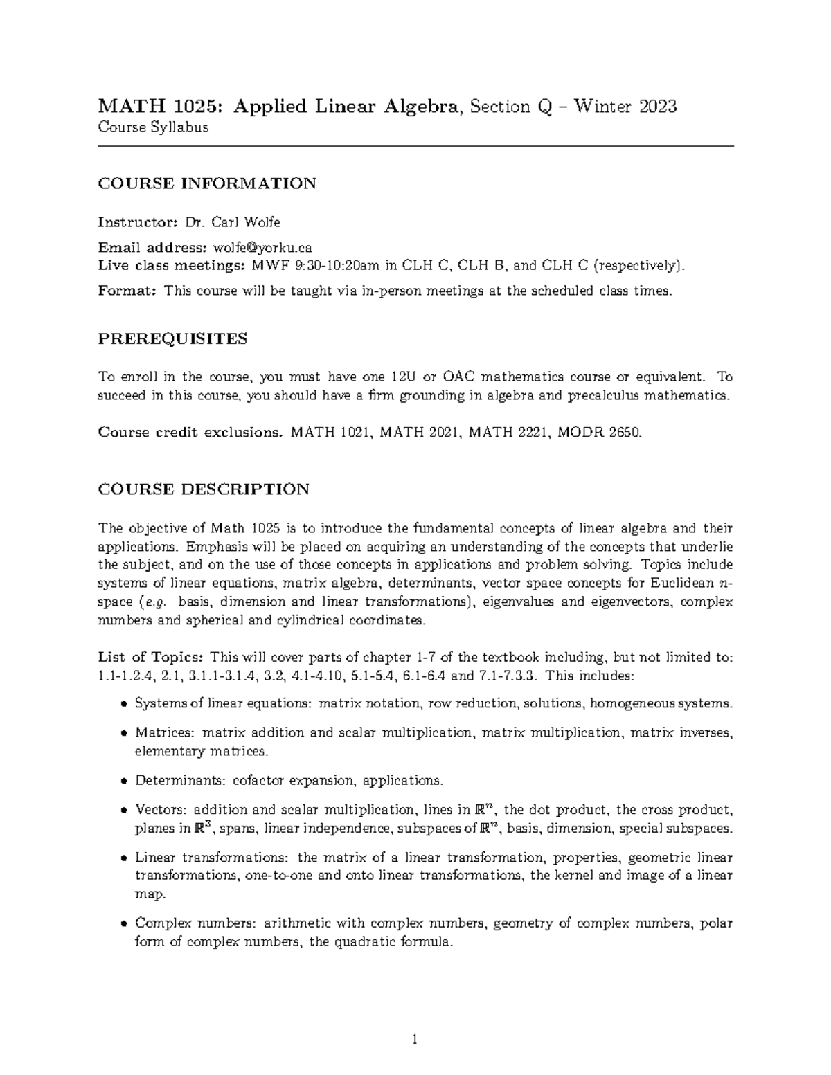 MATH1025Q Syllabus Winter 23 - MATH 1025: Applied Linear Algebra ...