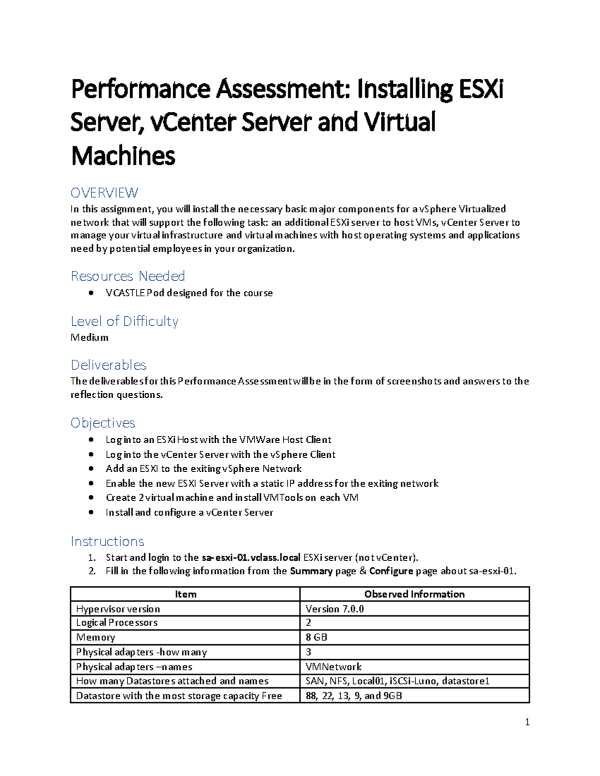 Week 1 Lab Performance Assessment D-1-2 - Performance Assessment: Installing ESXi Server ...