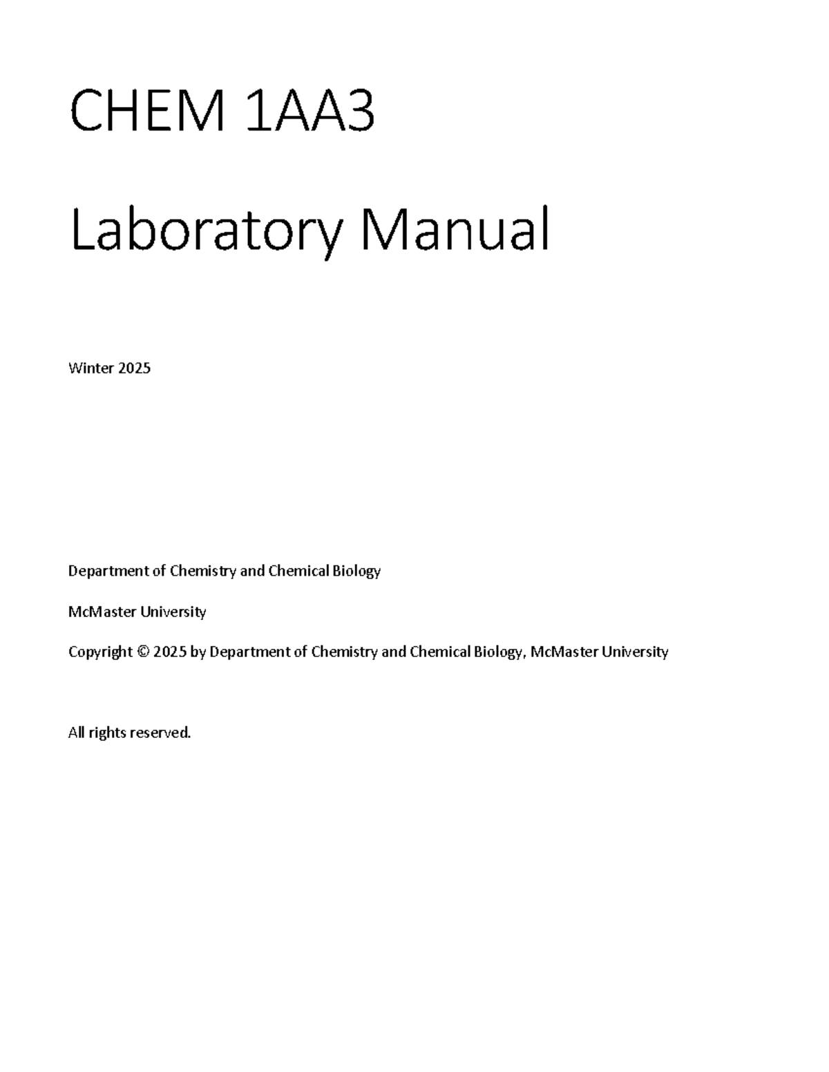 CHEM 1AA3 manual-format-Winter 2025 - Exp 1 only - CHEM 1AA 3 ...