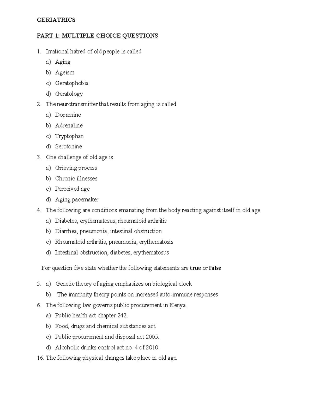 Geriatrics MCQ & Short Answer Study Guide - Final Exam Notes - Studocu