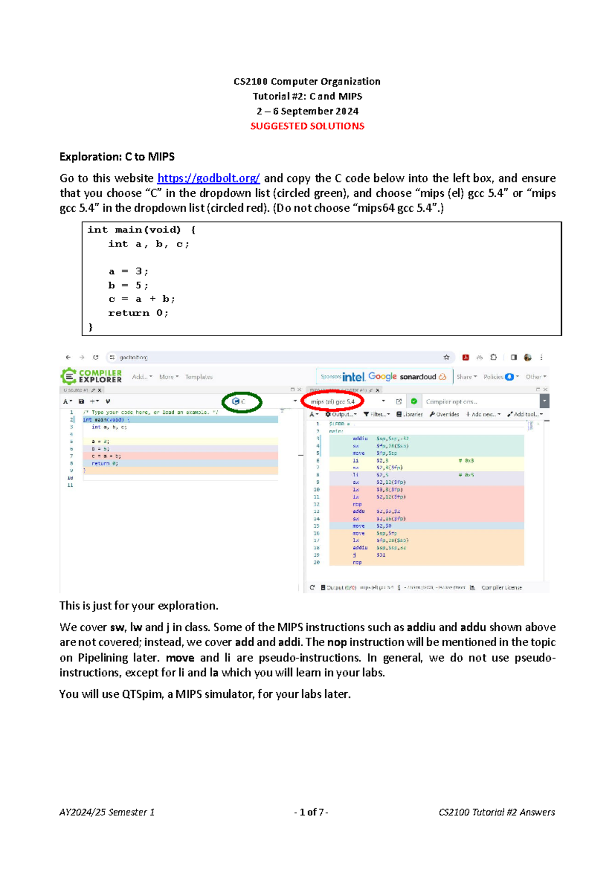 CS2100 Midterm Tutorial Solutions: C to MIPS Conversion - Studocu