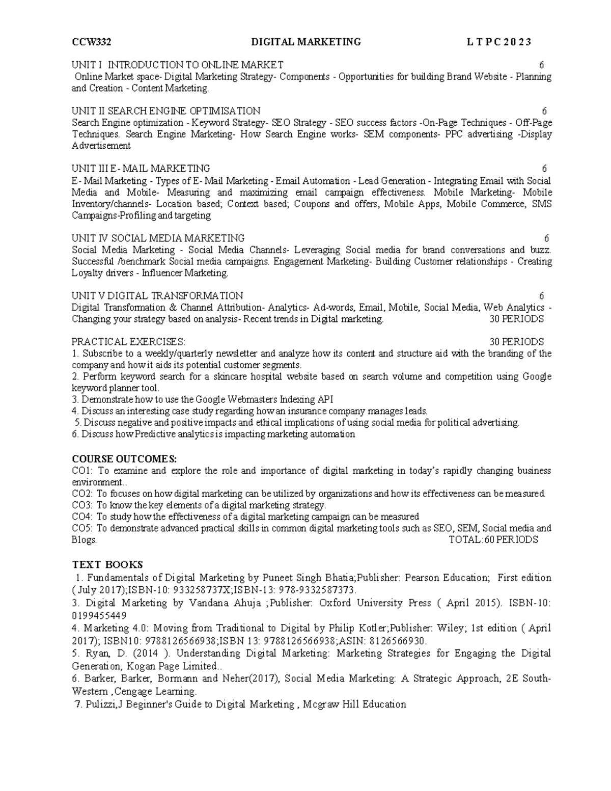 Syllabus for CCW332 Digital Marketing - Course Overview and Units - Studocu