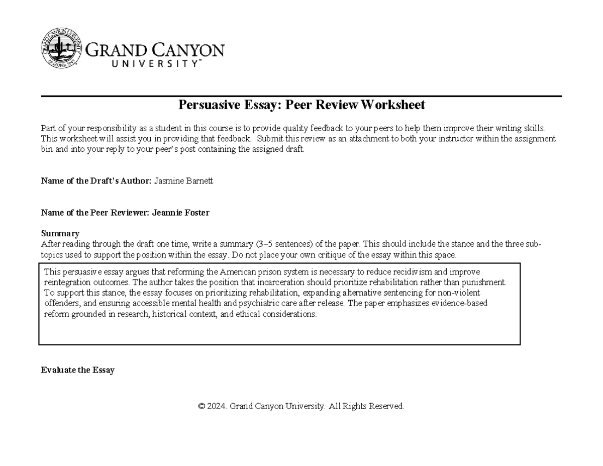 PHI-105-T-6 Persuasive Essay Peer Review Worksheet - Studocu
