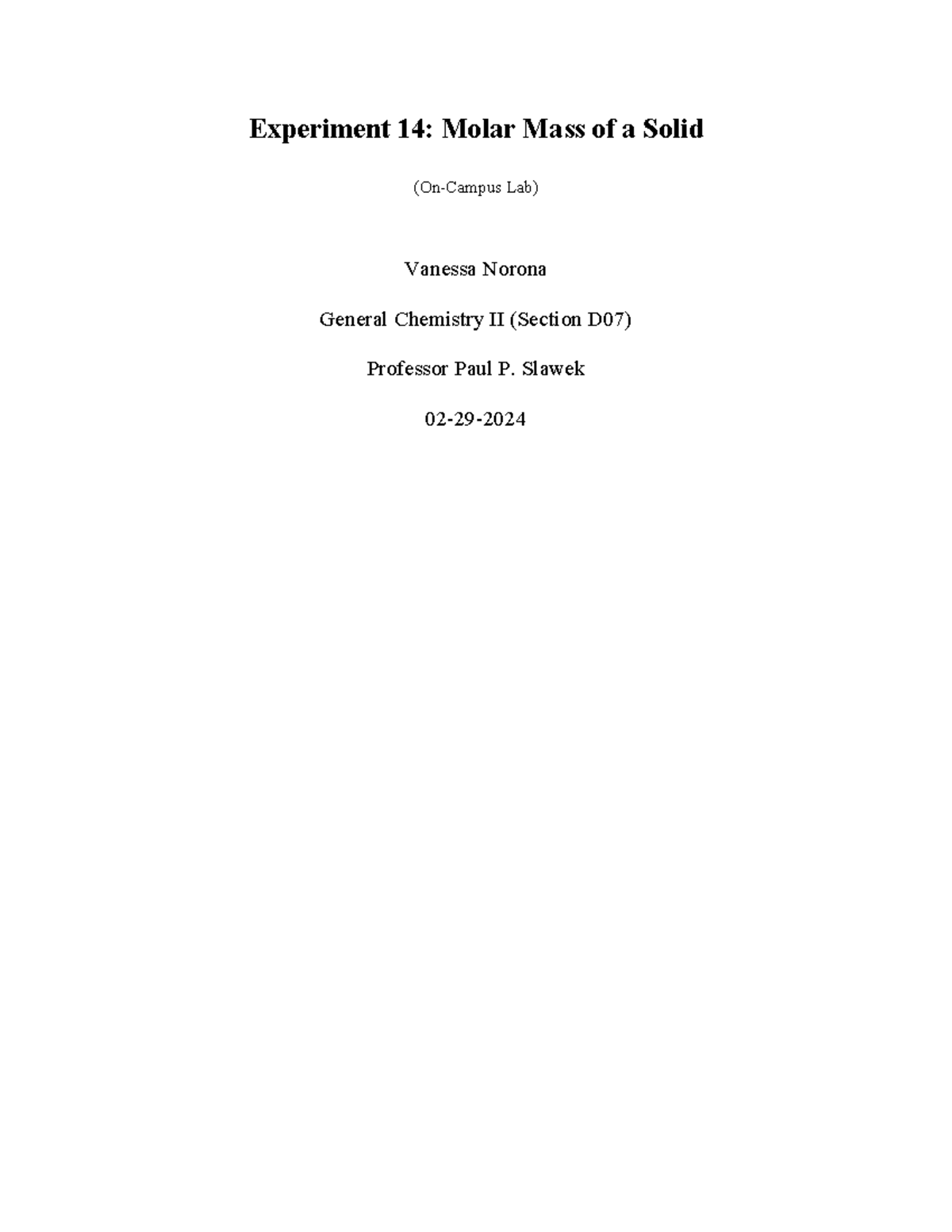 General Chemistry II (D07): Final Lab Report on Molar Mass Experiment ...