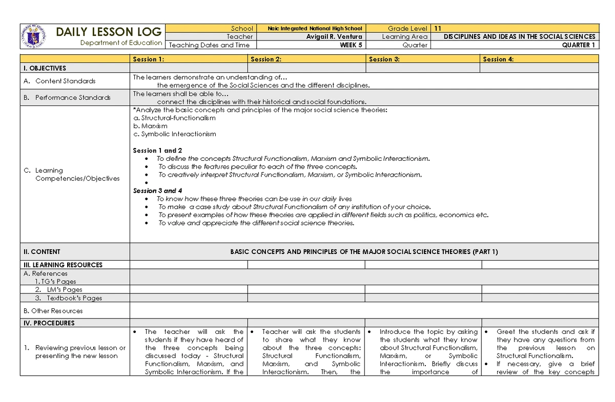 DISS Q1 WEEK 6 - Daily Lesson Log on Social Science Theories - Studocu