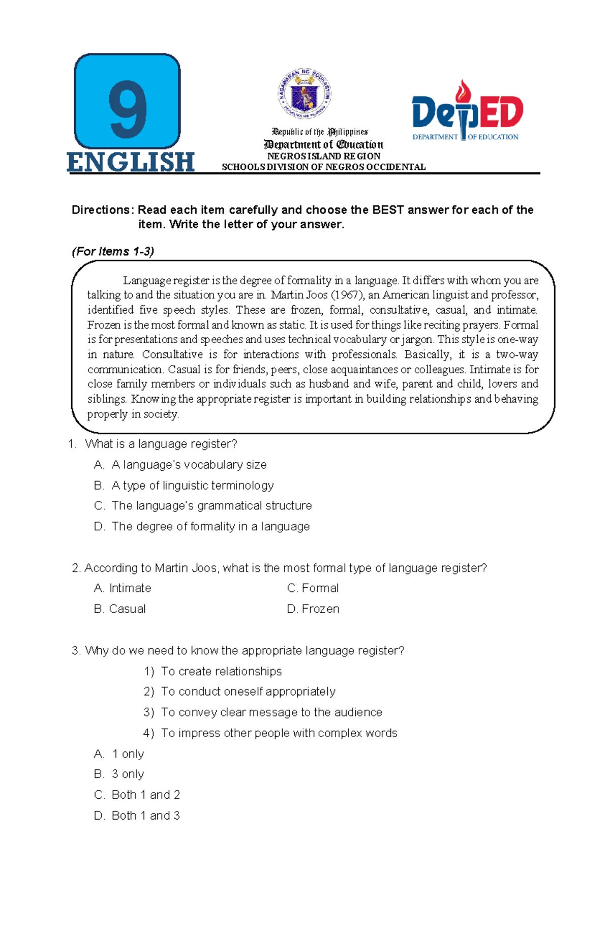 Q1 LE English 8 Lesson Exemplar: Culture in Literary Texts (Week 6 ...