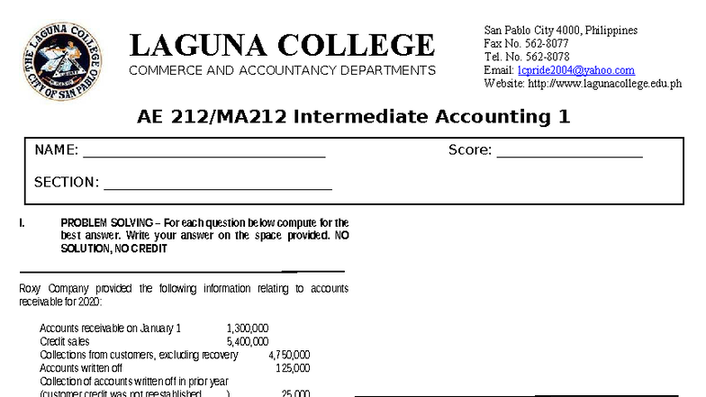 AE212 Intermediate Accounting 1: Accounts Receivable Problem Solving ...