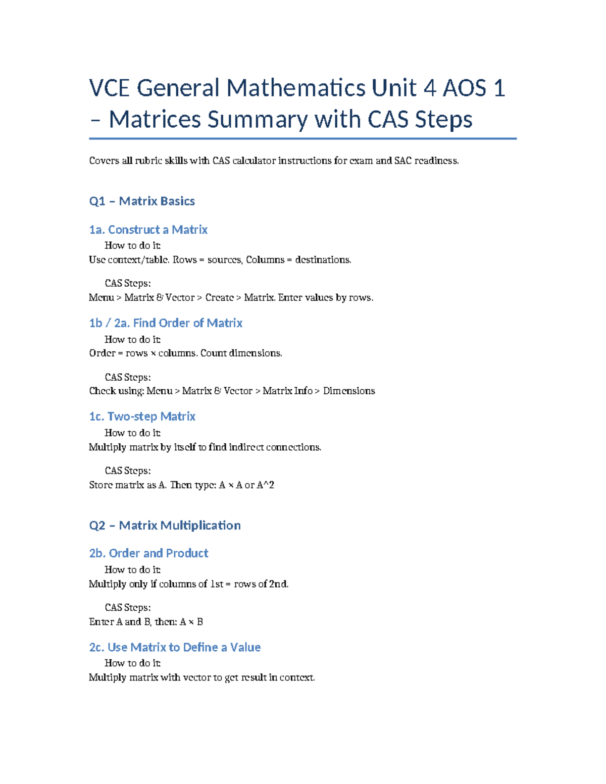 VCE General Mathematics Unit 4 AOS 1: Matrices Summary & CAS Steps ...