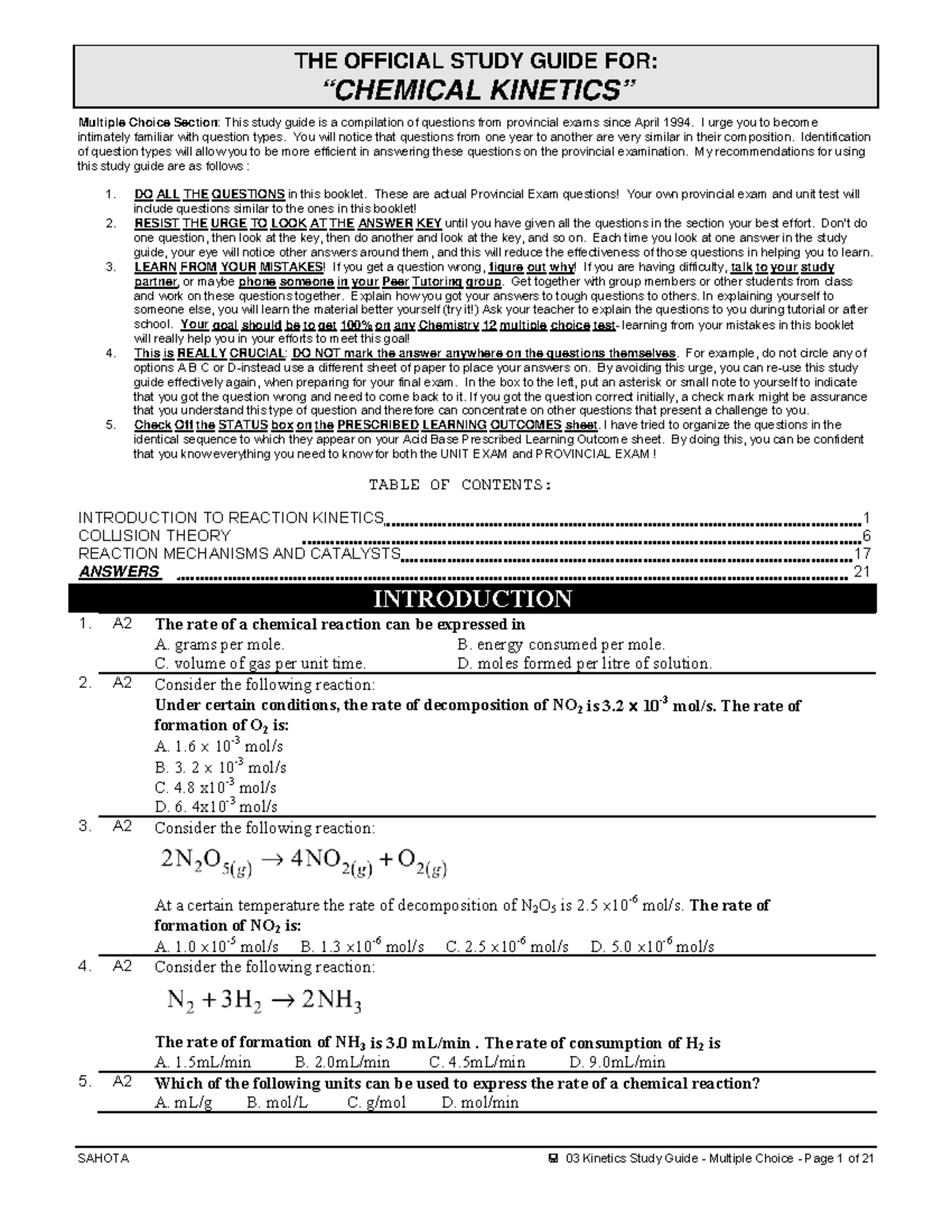 Chemical Kinetics Study Guide: Multiple Choice Qs for Chem 12 - Studocu