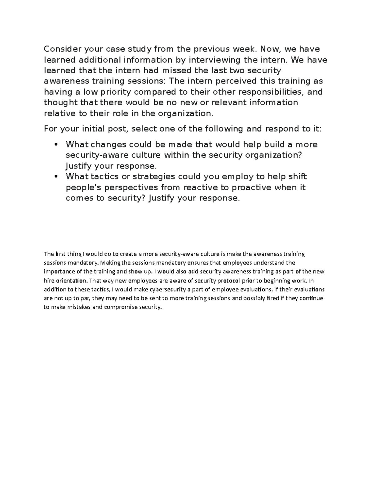 CYB-200 Module 4 Discussion: Enhancing Security Awareness Culture - Studocu
