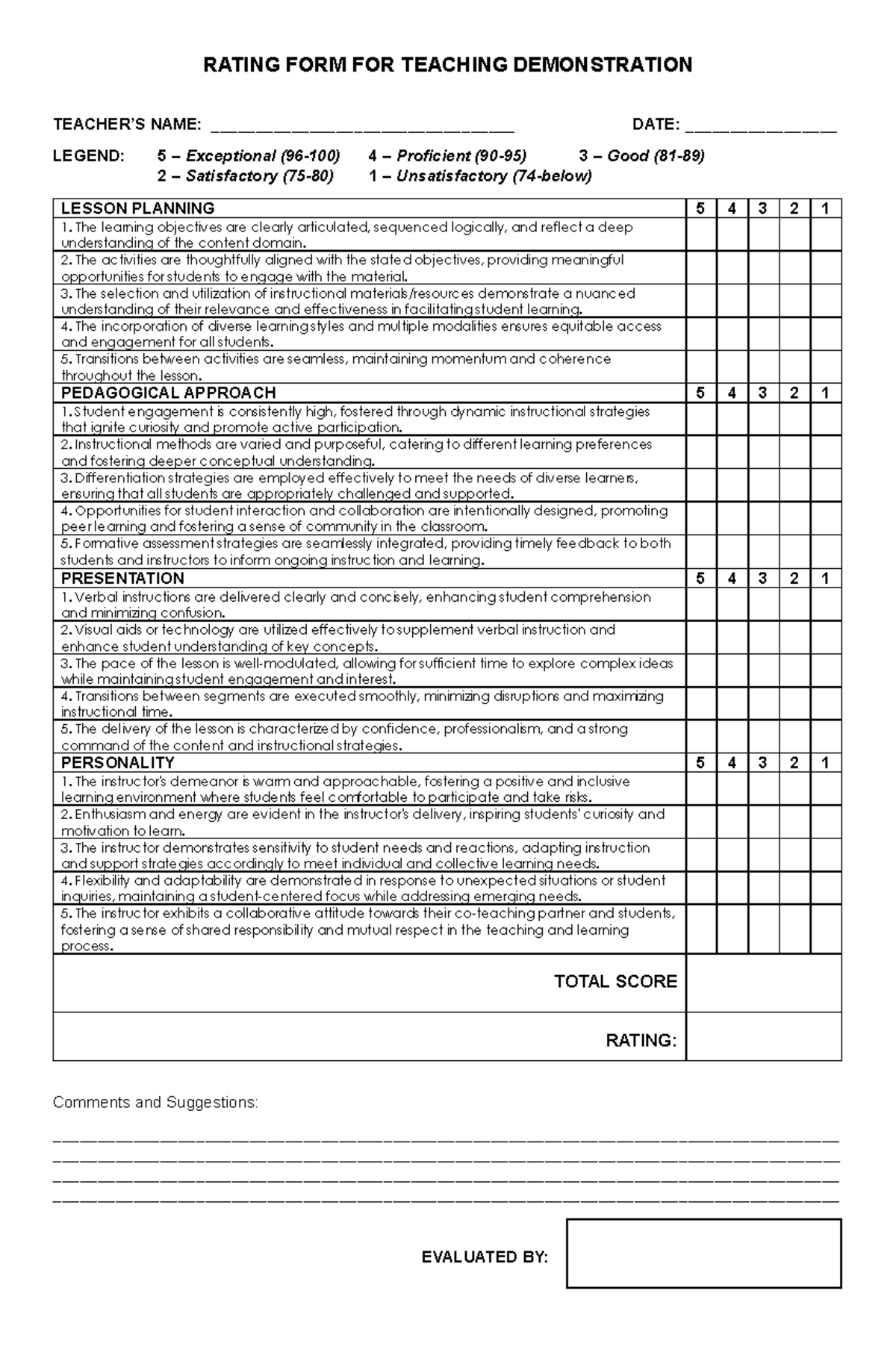 Demoteaching- Rubric - Helpful for student teacher - RATING FORM FOR ...