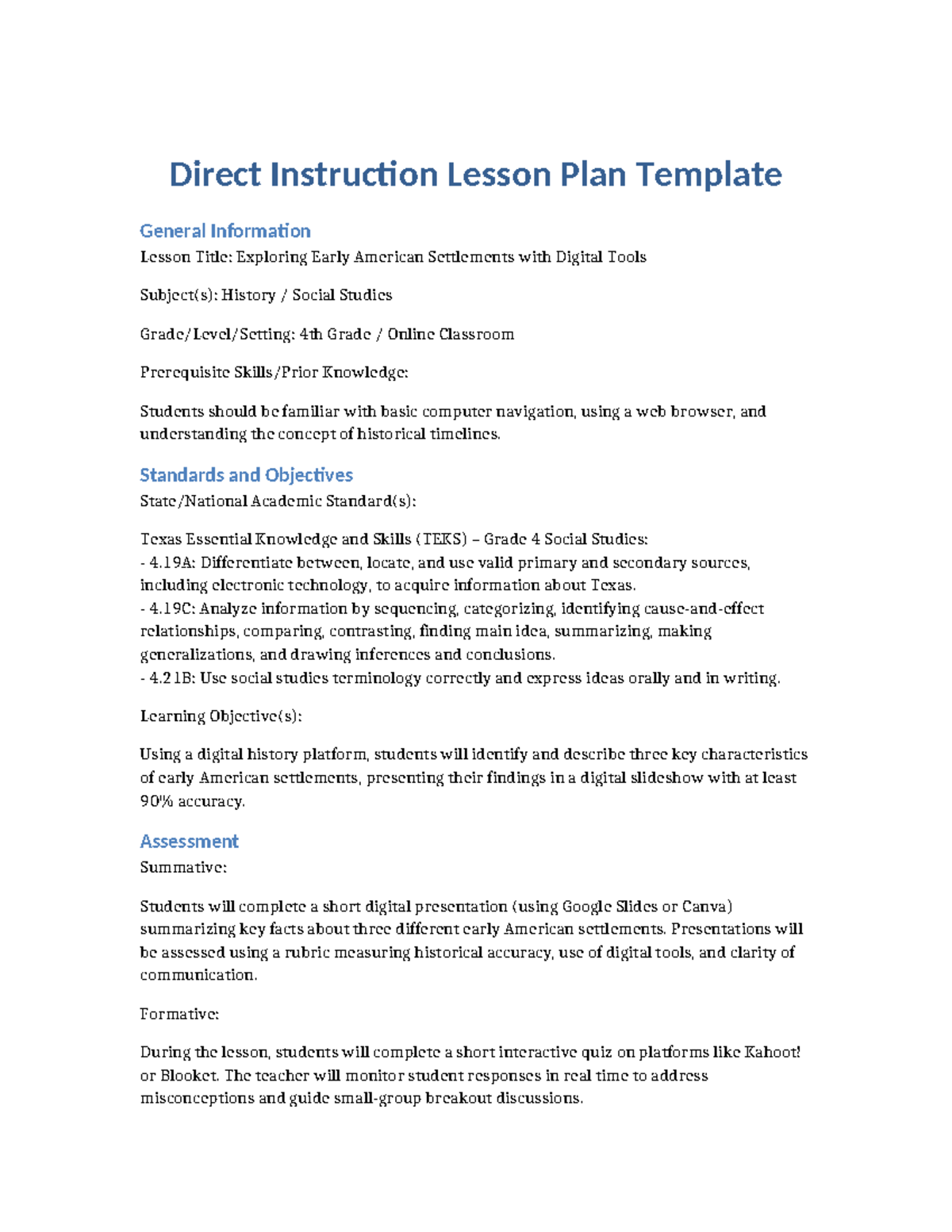 4th Grade History Digital Literacy Lesson Plan: Early American ...