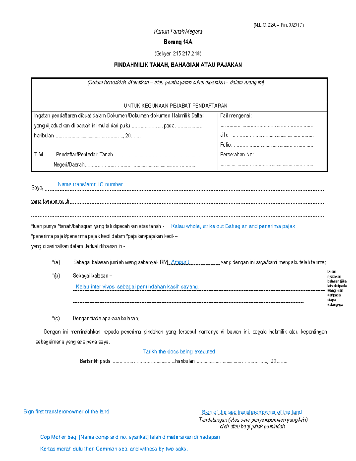 Borang 14A Terbaru - Pemindahan Hakmilik Tanah (N.L. 22A - Pin. 3 / ...