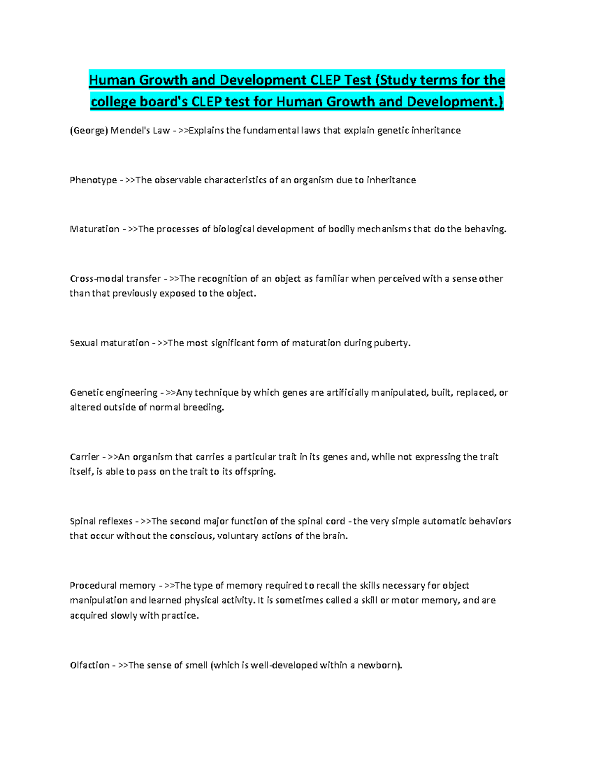 Human Growth and Development CLEP Study Guide: Key Terms and Concepts ...