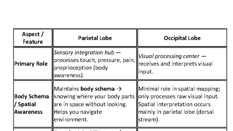 Neuro Module 4: Parietal and Occipital Lobe Notes on Sensory ...