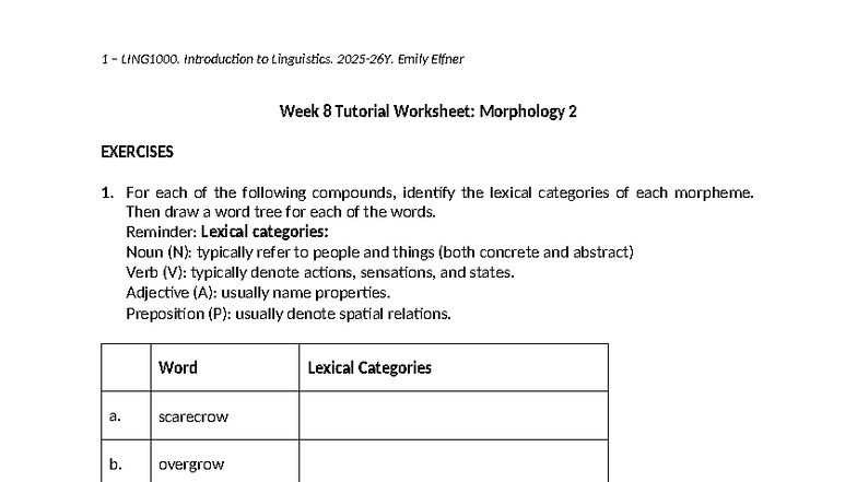 LING1000 Week 8 Tutorial Worksheet: Morphology Exercises - Studocu