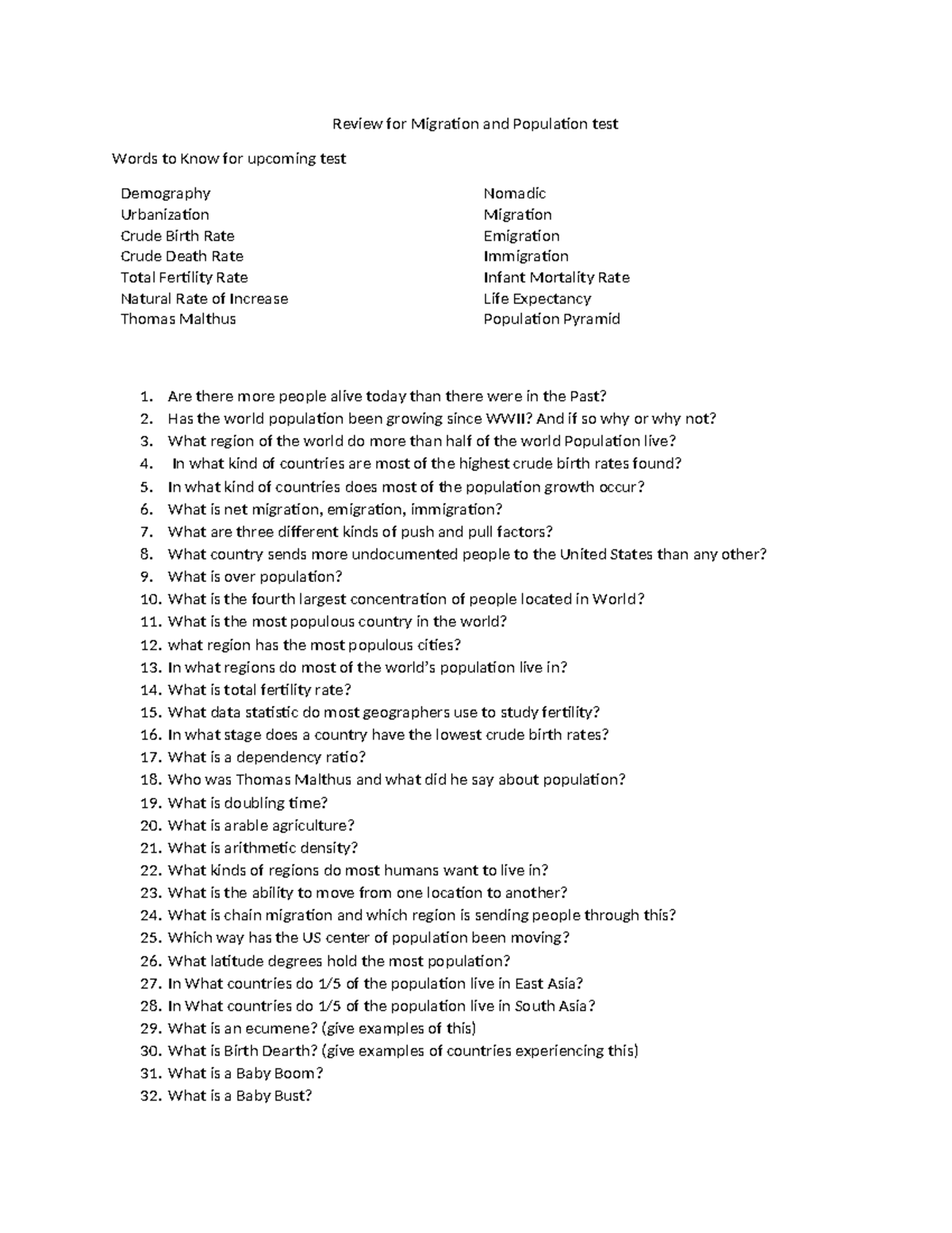 Migration and Population Test Review: Key Terms & Concepts - Studocu