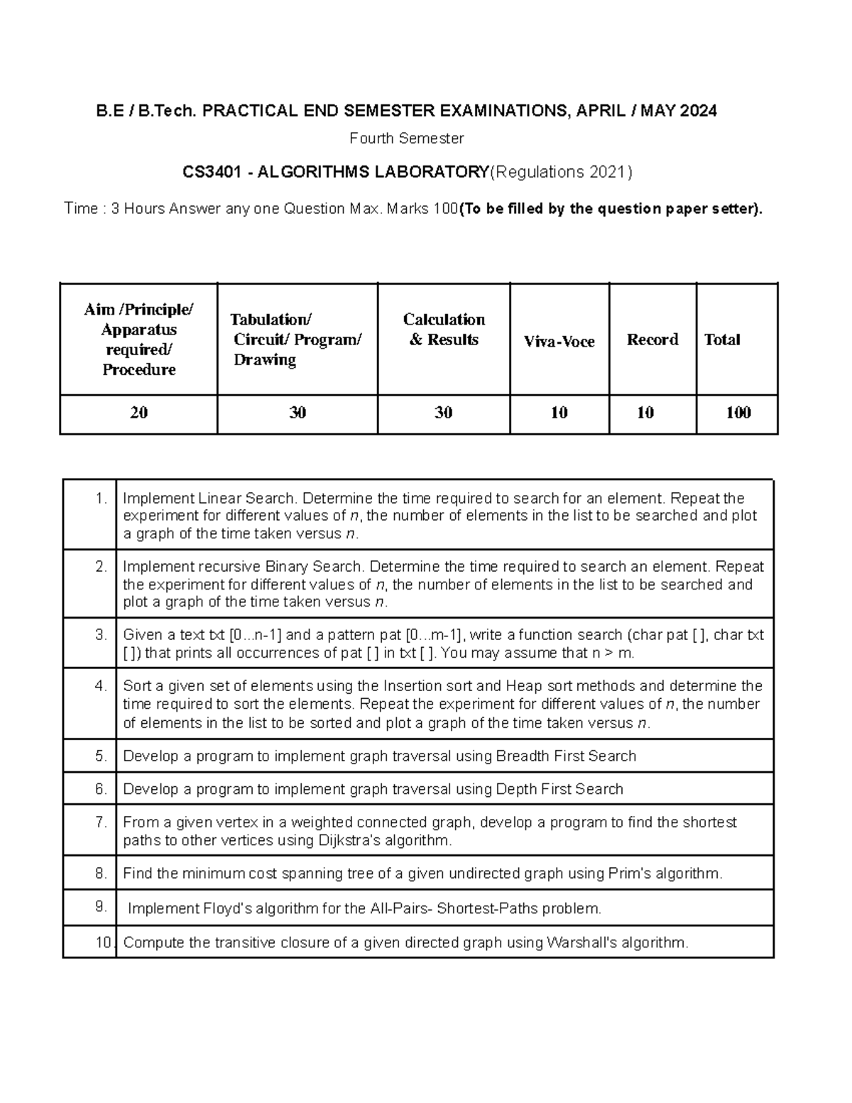 Question Set - B / B. PRACTICAL END SEMESTER EXAMINATIONS, APRIL / MAY ...