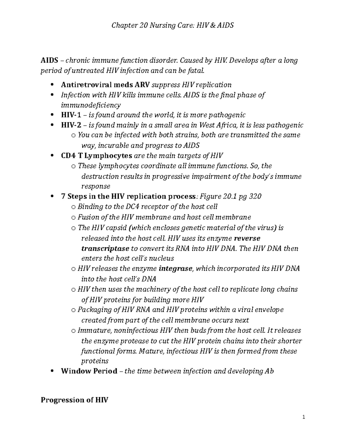 Chapter 20 Notes - Nursing care of patients with HIV/AIDS - AIDS ...