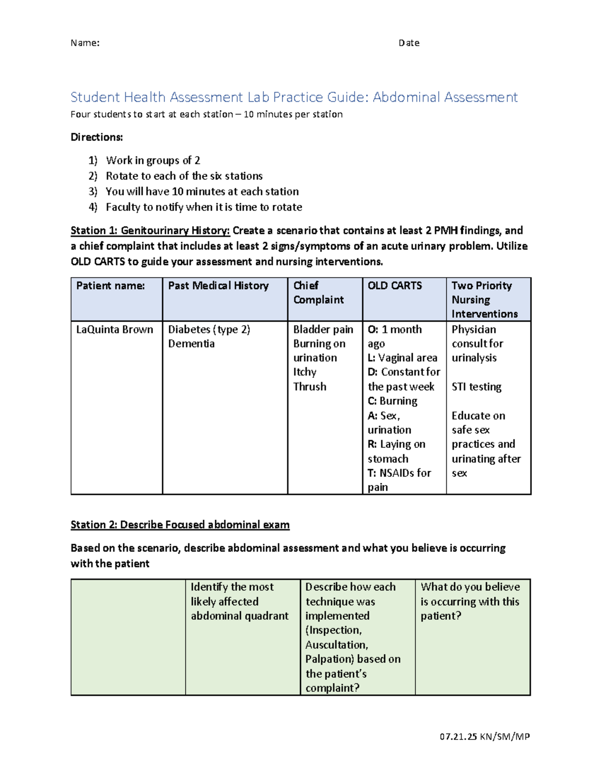 NUR 101: Student Health Assessment Lab Guide - Abdominal Focus - Studocu