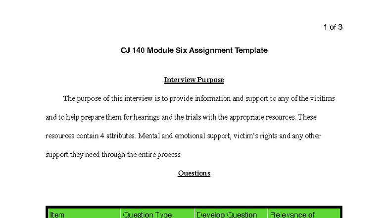 CJ 140 Module Six Assignment: Interview Techniques for Victim Support ...