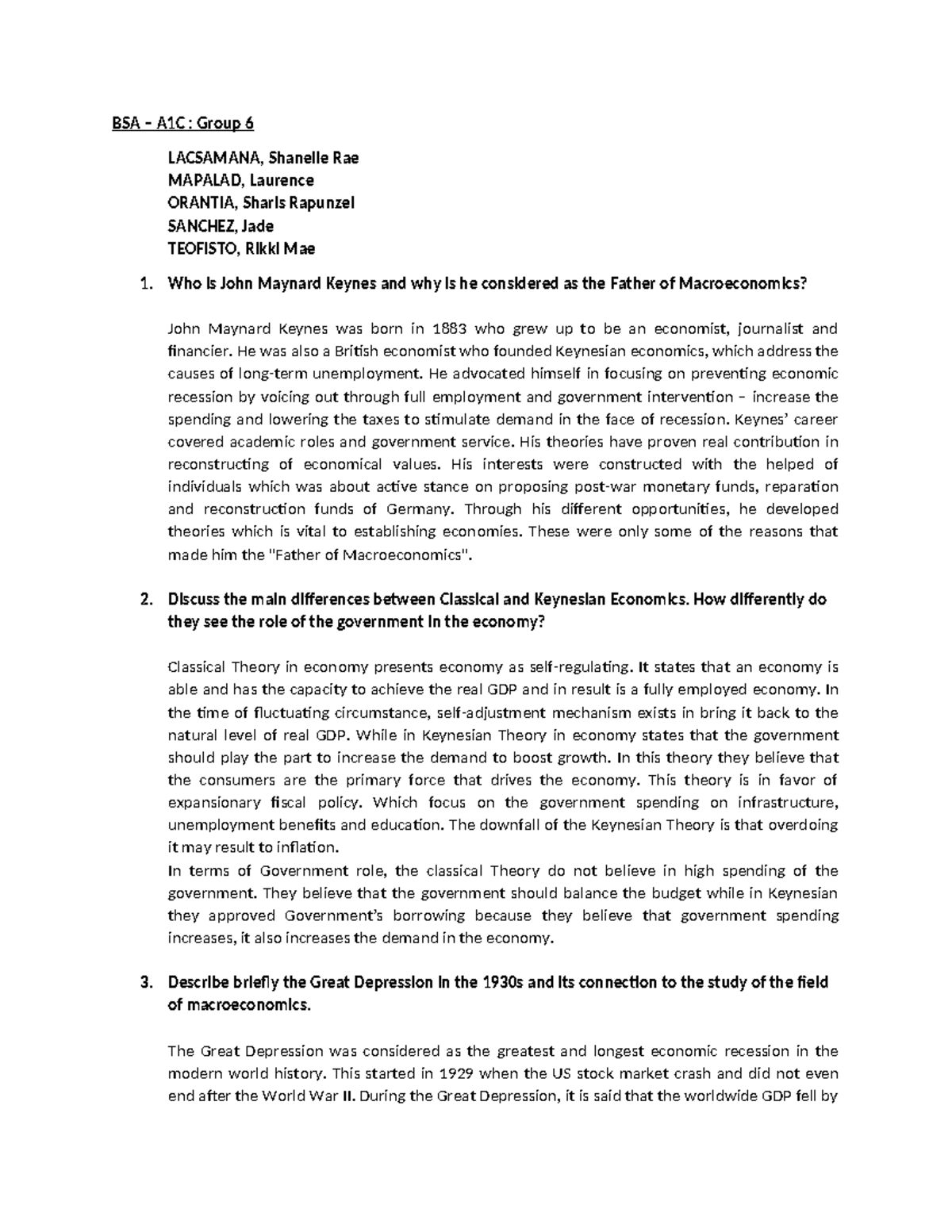 BSA A1C: Group 6 - Keynesian vs Classical Economics Analysis - Studocu