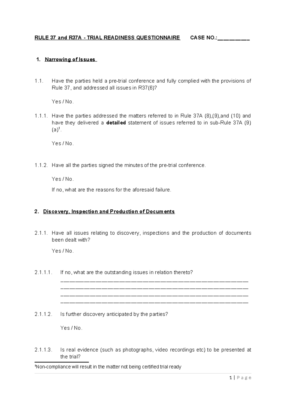 RULE 37A Trial Readiness Questionnaire (Amended) - Case Preparation ...