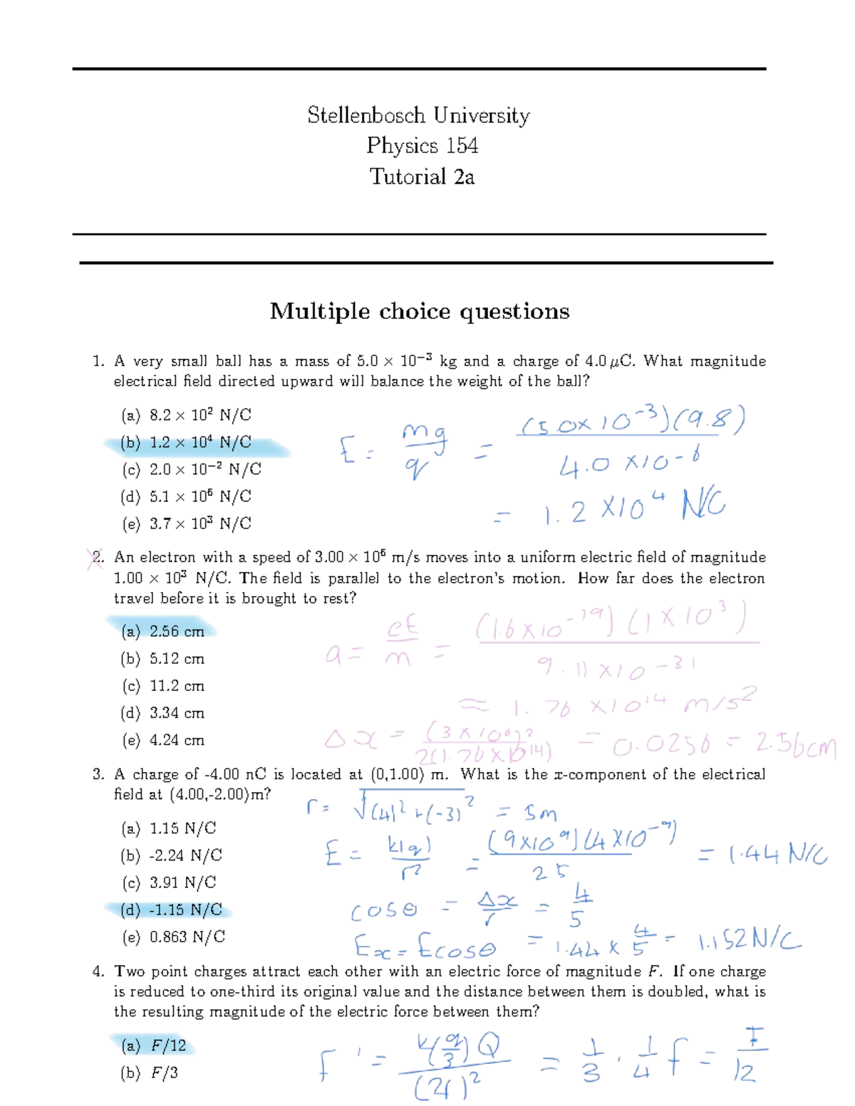 Physics 154 Tutorial 2: Multiple Choice & Long Questions - Studocu