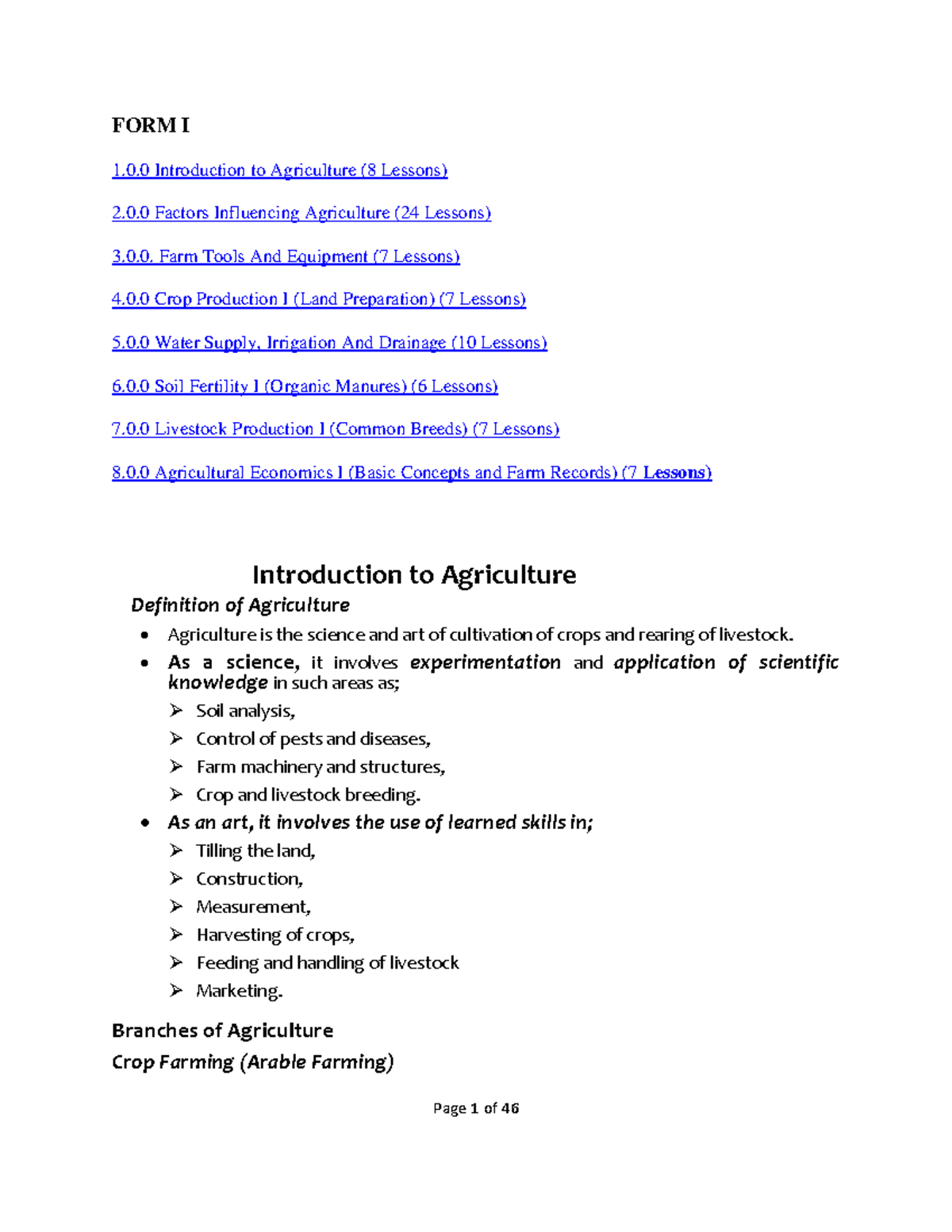 FORM 1 AGRI - NOTES - FORM I 1.0 Introduction to Agriculture (8 Lessons ...